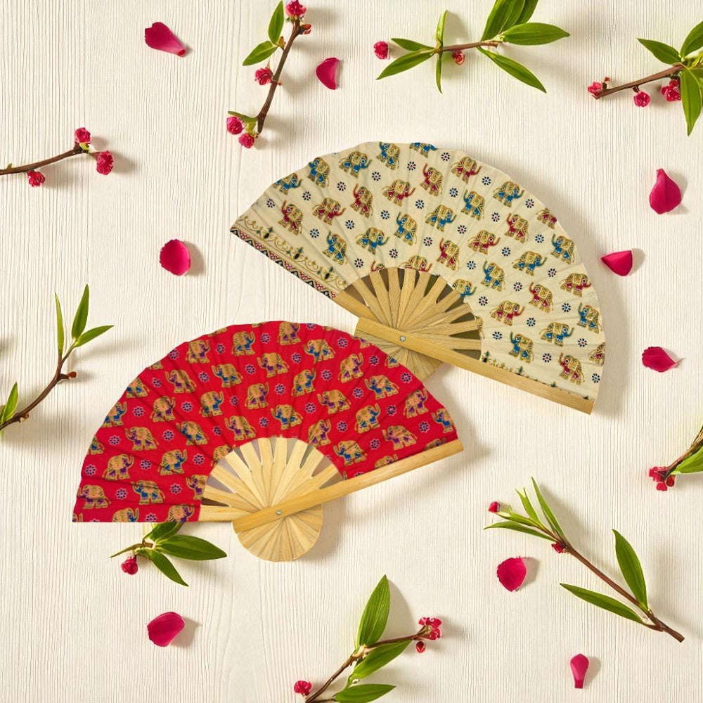 Elephant Fabric Wooden Folding Fan - Assorted | EarthsElements Wholesale